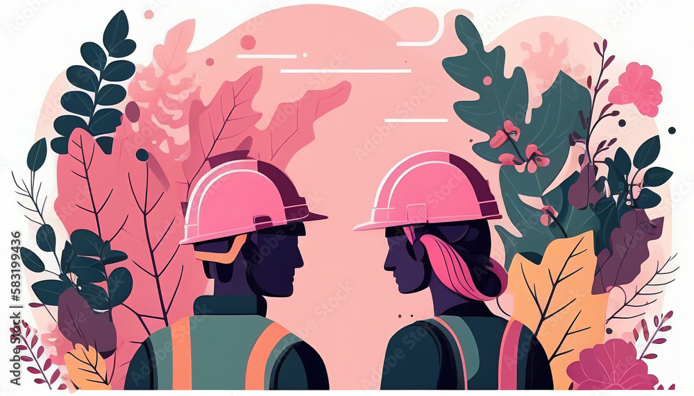 Two men with pink safety helmets. Couple of construction workers ...