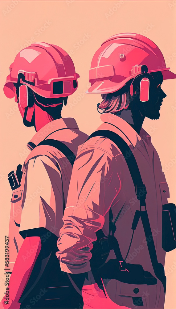 Two men with pink safety helmets. Couple of construction workers ...