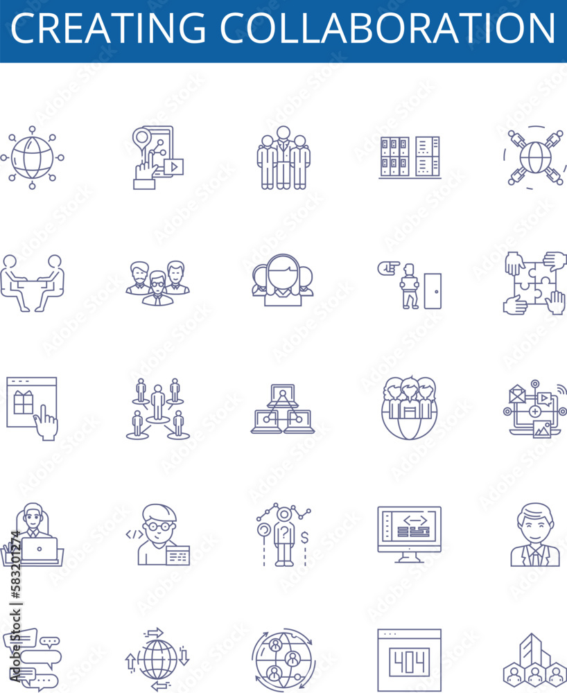 Vetor de Creating collaboration line icons signs set. Design collection ...