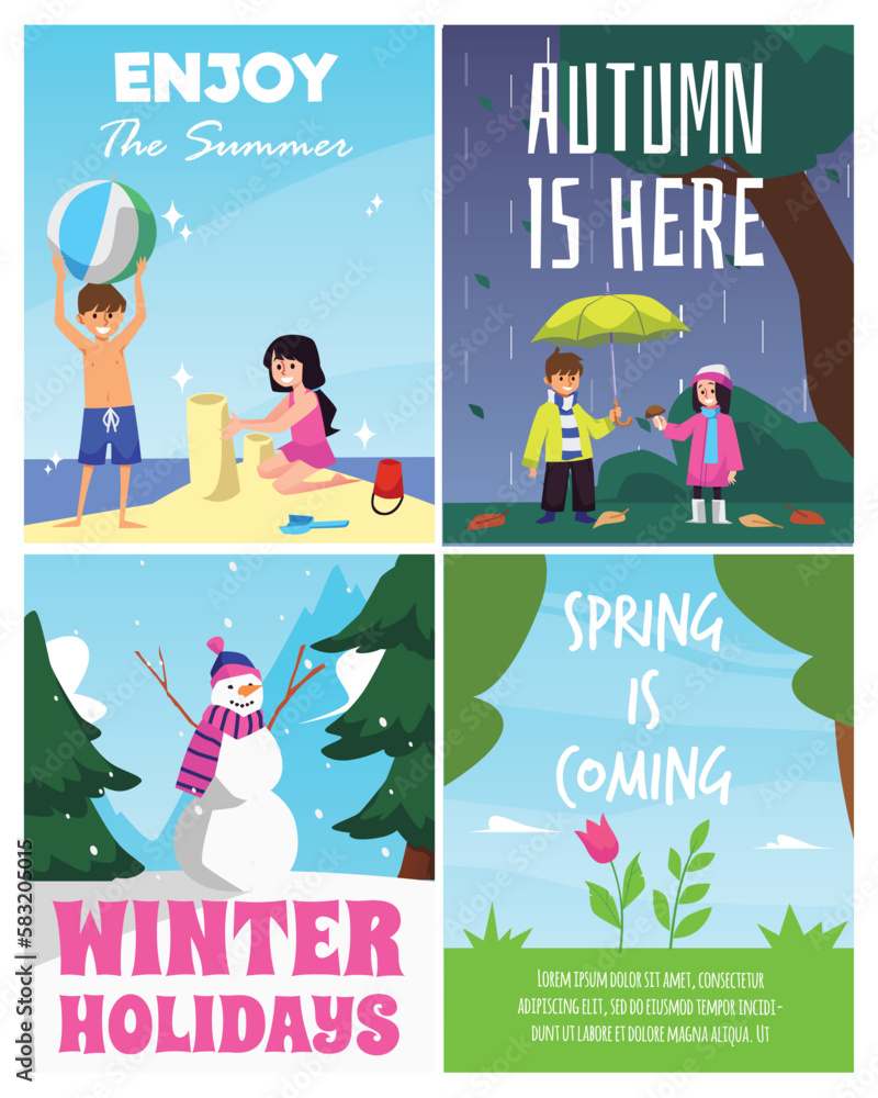 Four season banners or cards with kids flat vector illustration ...