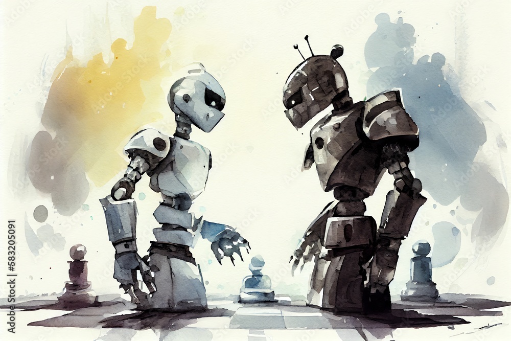 Watercolor Illustration of a Black And White Robots Look At Each Other ...