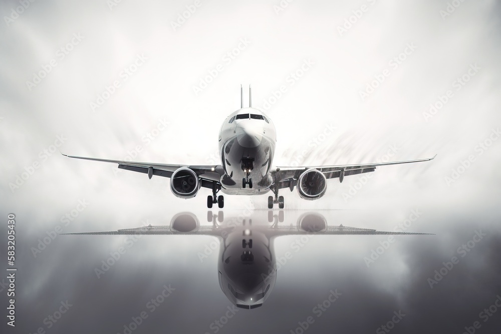 a large jetliner flying through a cloudy sky above a runway with a ...