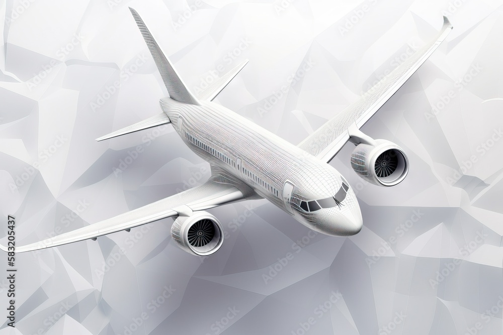 a white airplane is flying over a white background with a pattern of ...