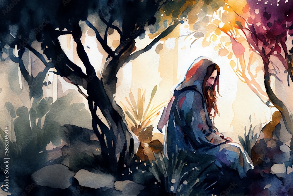 Watercolor Illustration of a Jesus In Prayer In The Garden Of ...