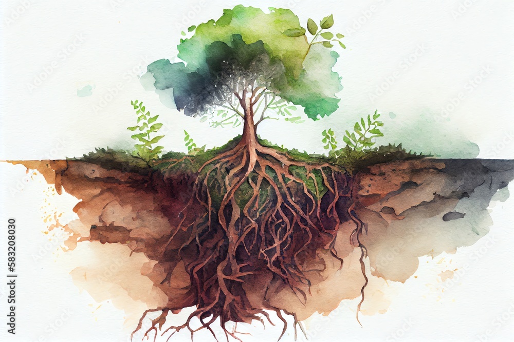 Watercolor Illustration of a Tree Roots In Soil Close Up, Underground ...