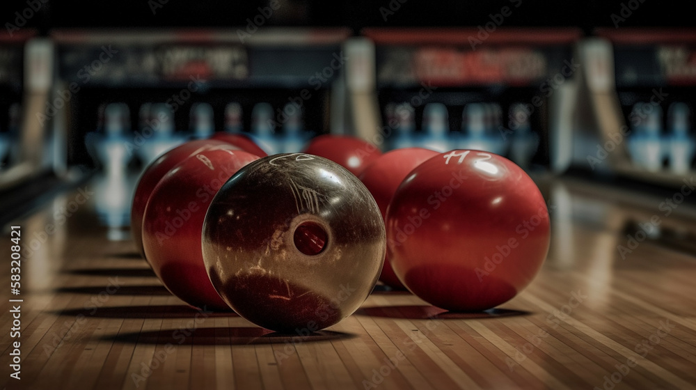 Bowling club interior with bowling balls and skittles, vintage toned ...