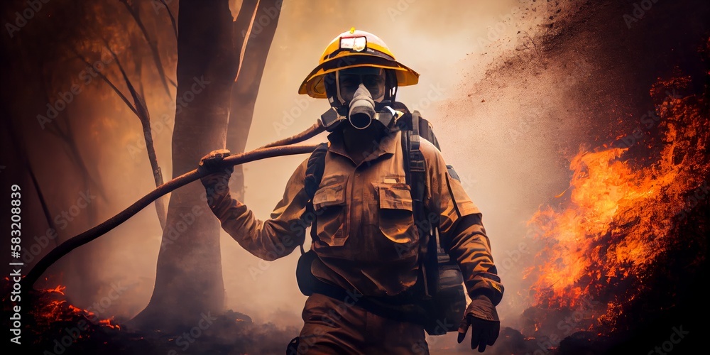firefighter holding hose extinguishing dangerous wildfire in australia ...