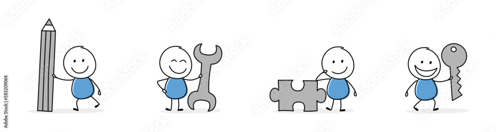 Collection of a funny stickman holding pencil, wrench, puzzle and key ...