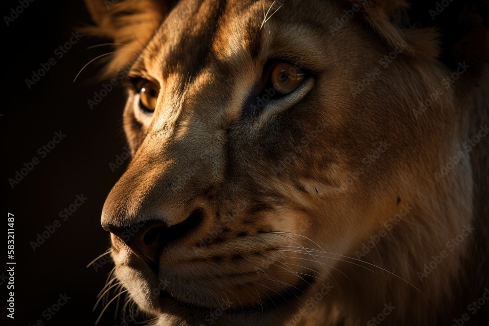 a close up of a lion's face with a dark background and light coming ...