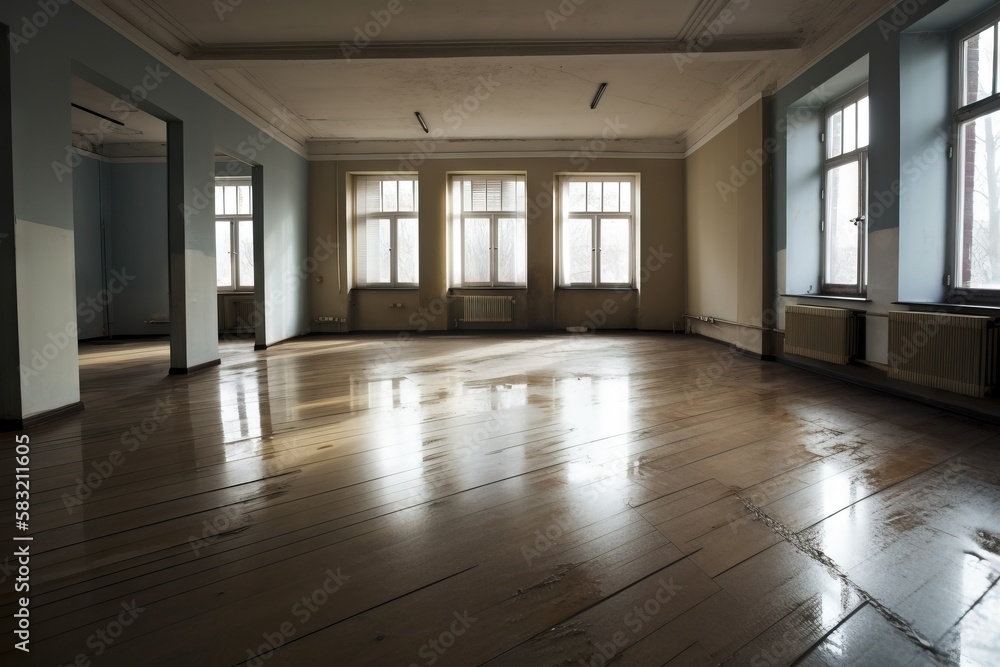 a large empty room with three windows and a hard wood floor with light ...