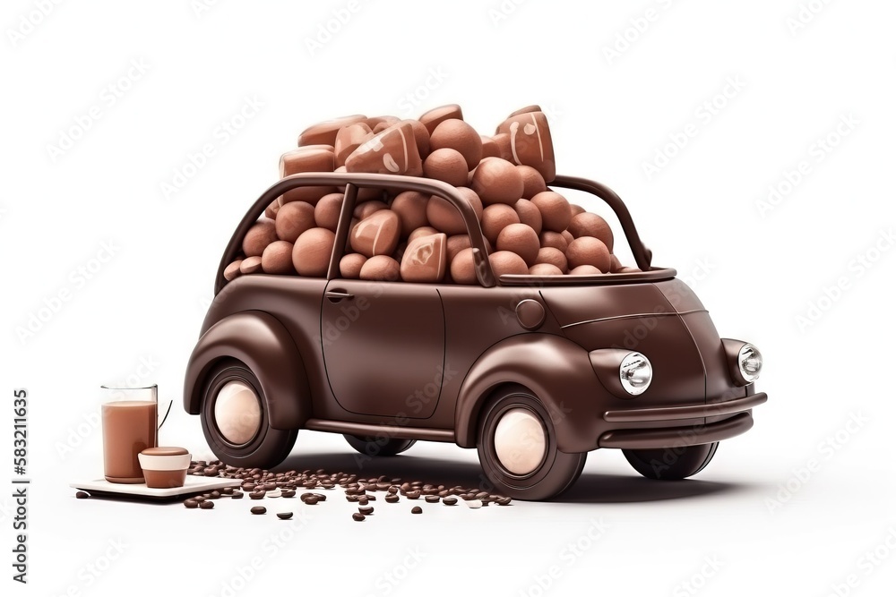 a small car with a pile of coffee beans in the back and a glass of milk ...