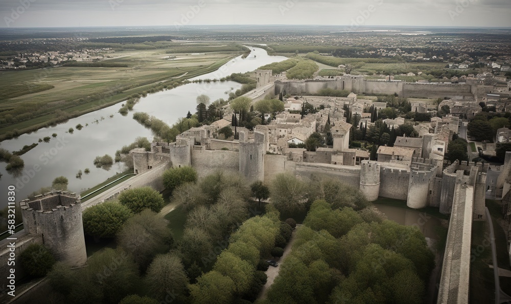 an aerial view of a city with a river running between it and a castle ...