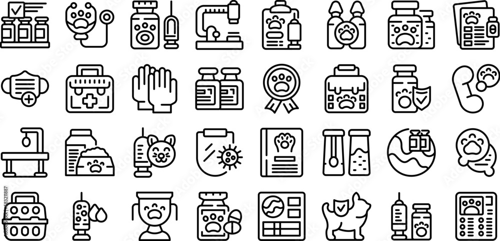 Pet vaccination icons set outline vector. Dog doctor. Animal vaccine ...