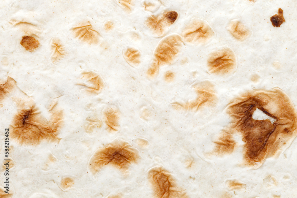 Pita bread tortilla handmade baked in tandoor, baked specks, closeup ...
