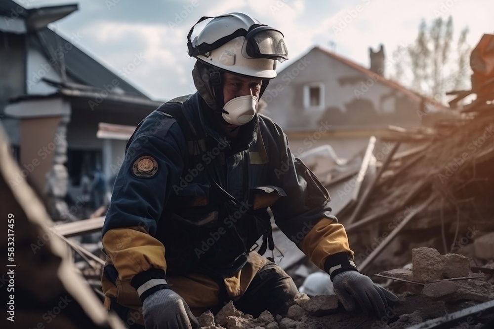 Rescuer in special uniform and helmet in the rubble of house after the ...