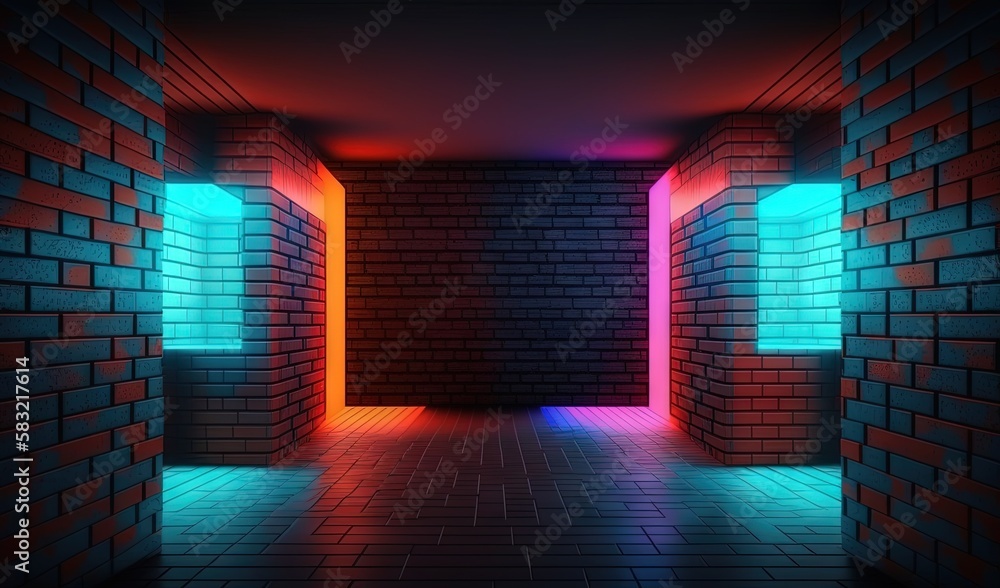 a dark room with a brick wall and neon lights coming from the walls and ...