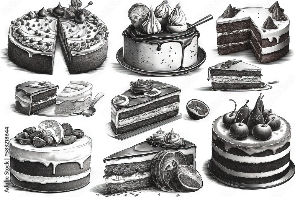 a drawing of a bunch of cakes and desserts on a white background with a ...