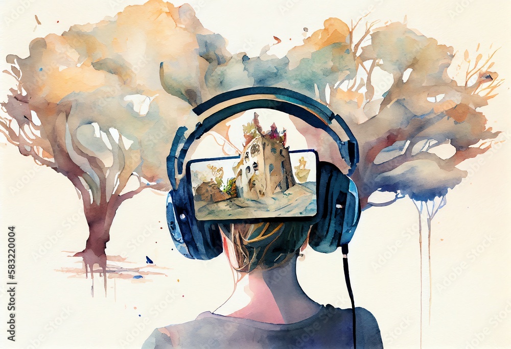 Watercolor Illustration of a Life In Metaverse, Virtual Reality ...