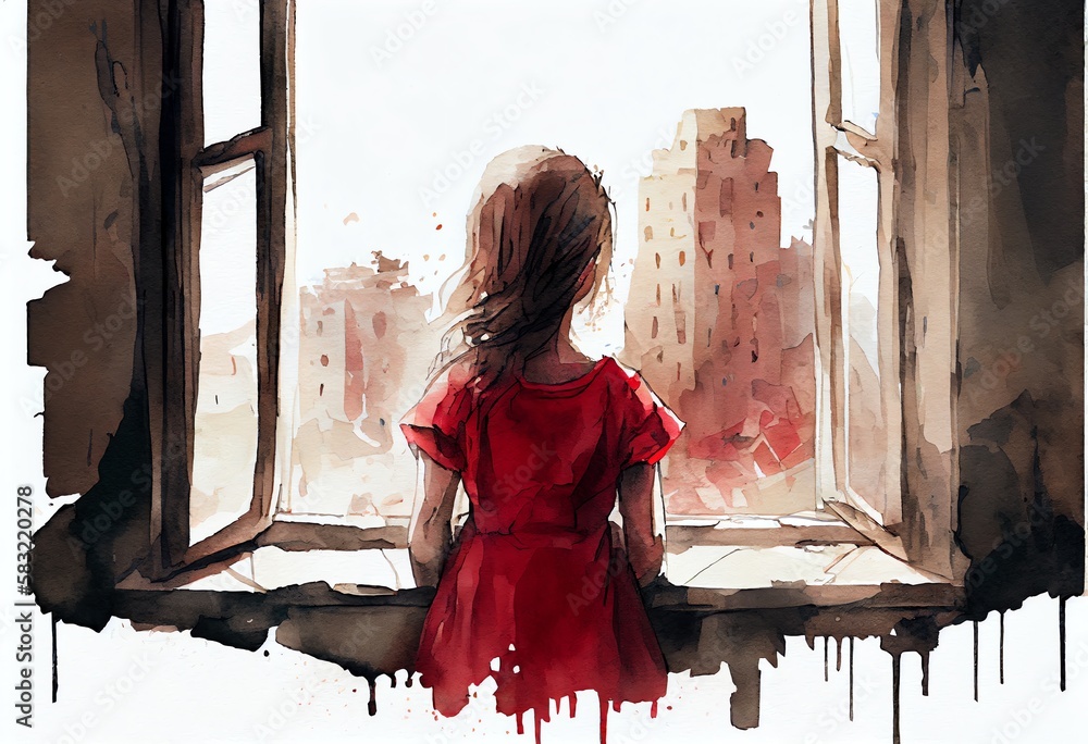 Watercolor Illustration of a Photorealistic Picture Of Destroyed City ...