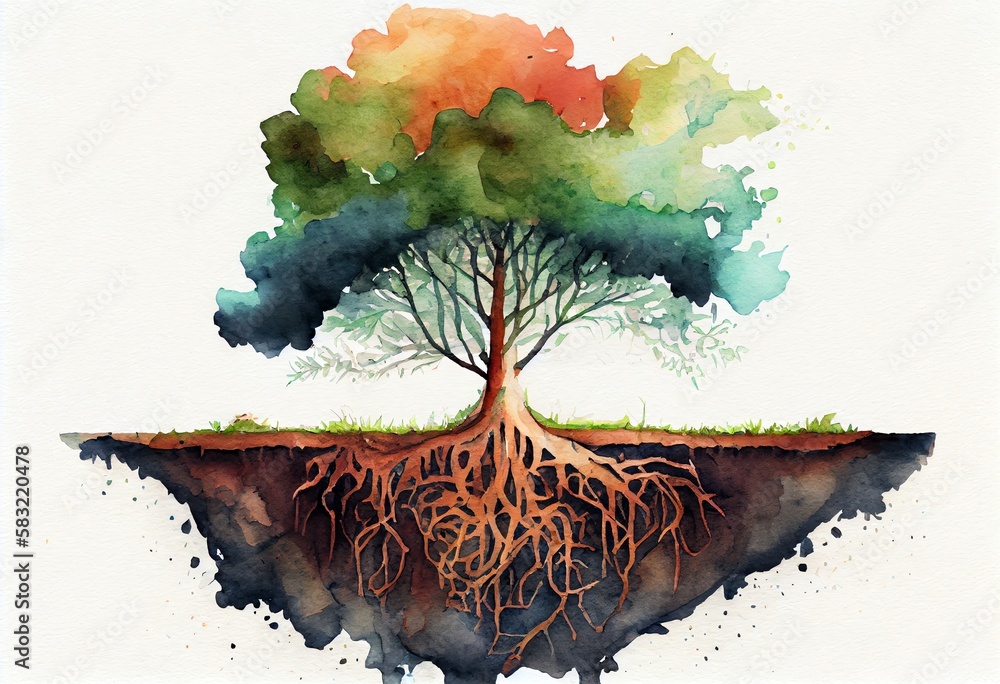 Watercolor Illustration of a Root System Of A Tree Growing Underground ...