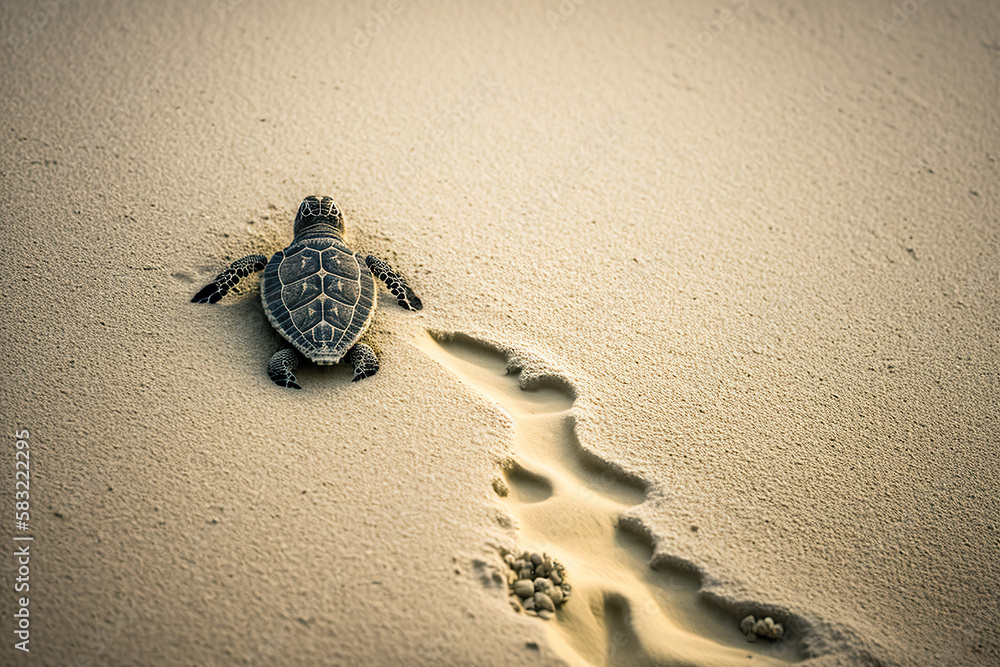 Baby turtle on the beach, a top-down view of the turtle's path to the ...