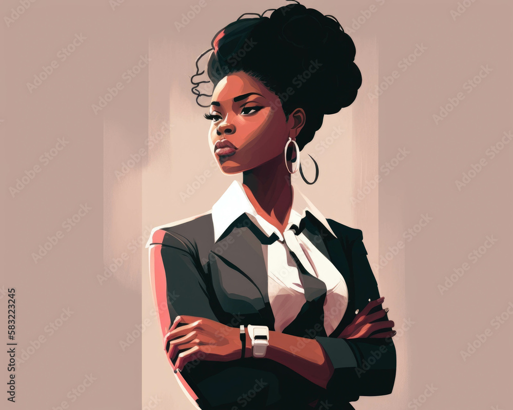 A portrait of a black woman CEO arms crossed gaze fierce and determined ...