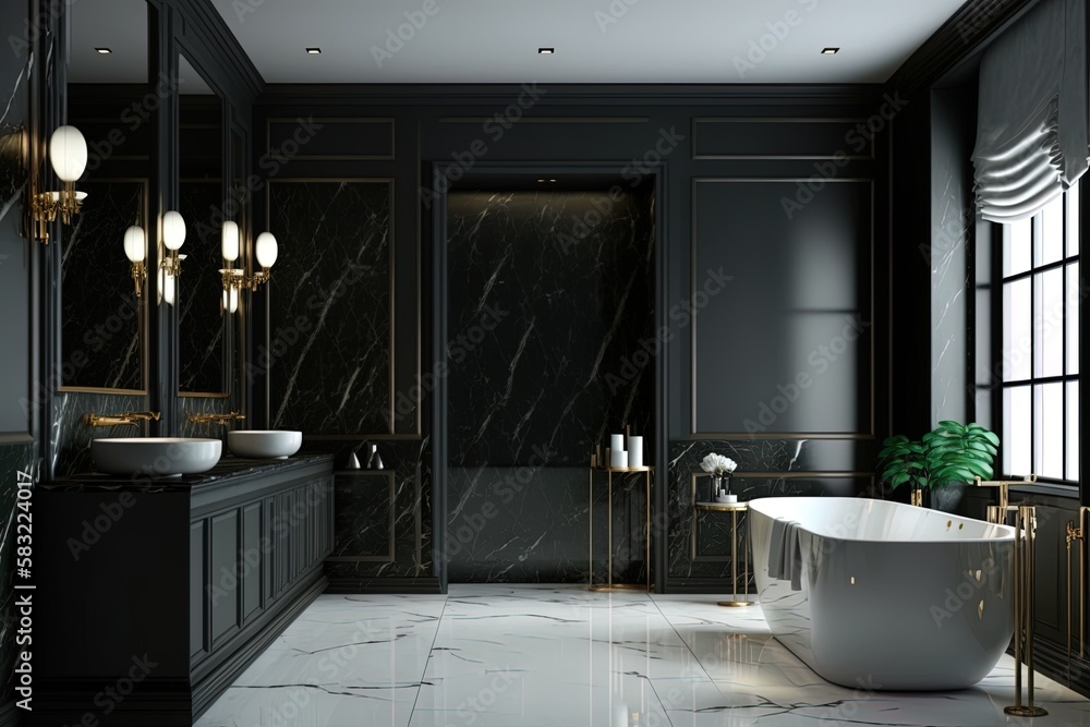 opulent lavatory with with separate shower, tub, and dual sinks. There ...