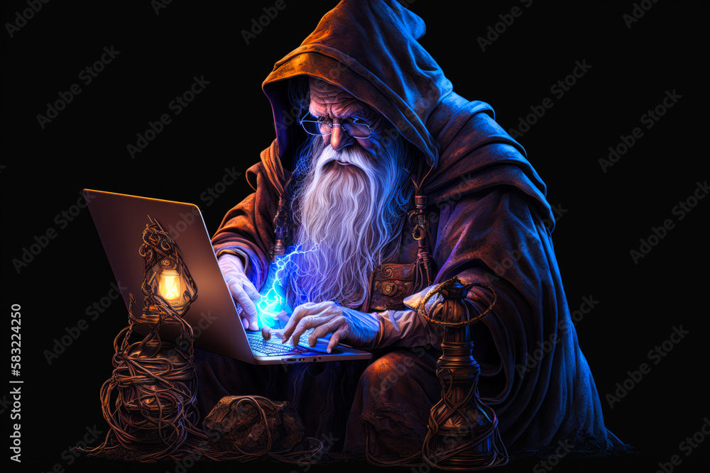 old fictional wizard using a laptop computer Stock Illustration | Adobe ...