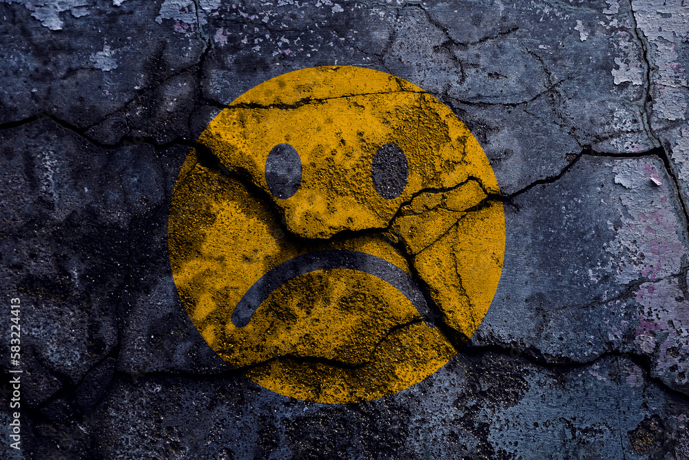 Yellow unsmiley face with broken cement wall, Unhappy smiley card ...