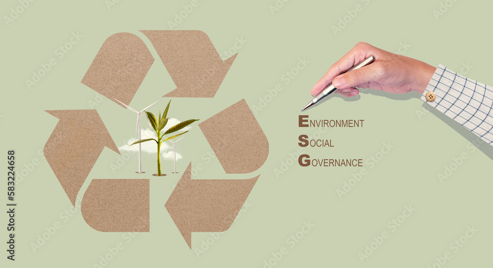 Male hand drawing recycling symbol for ESG concept for environmental ...