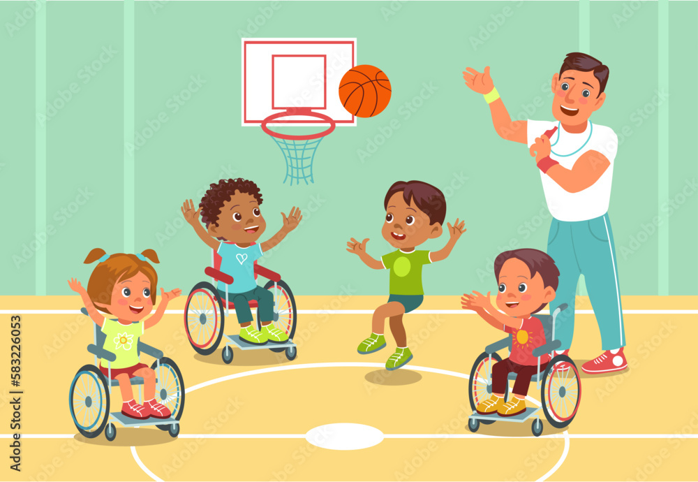 Disabled kids sport. Physical teacher trains children in wheelchairs ...