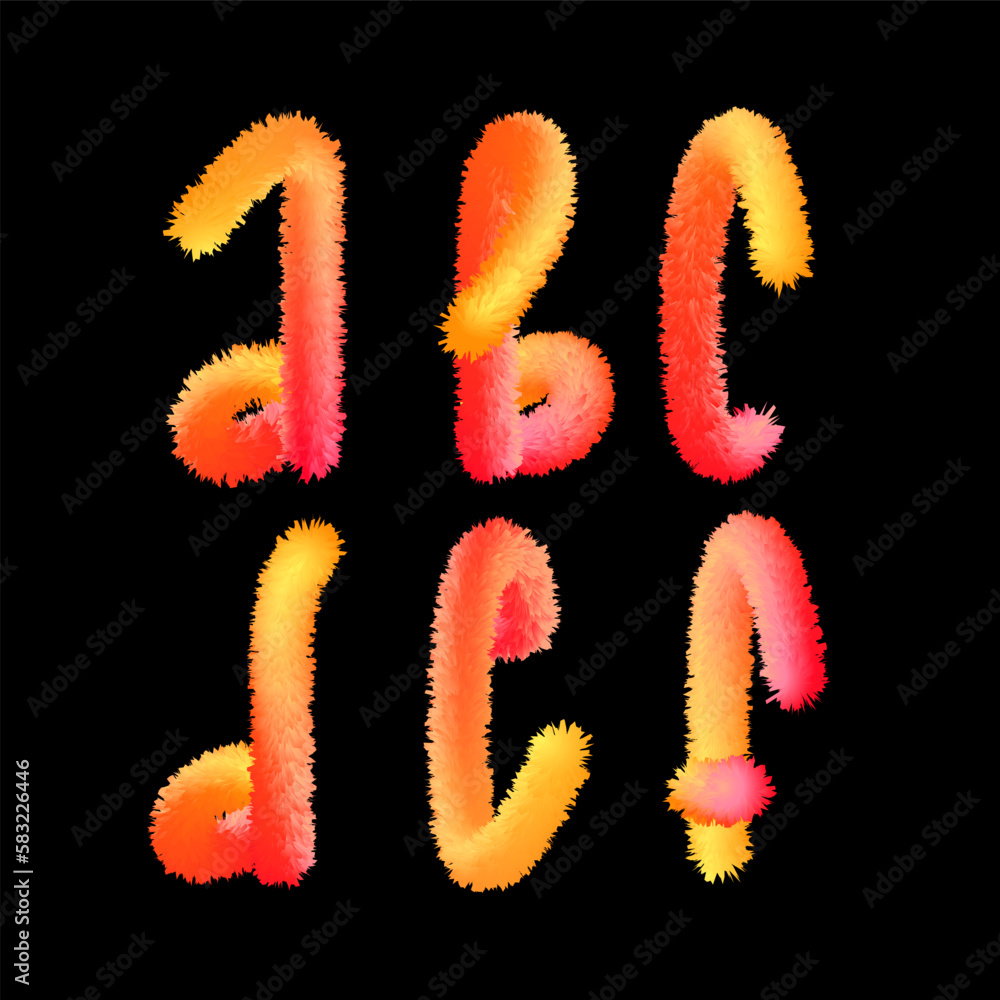 3D fluffy font furry alphabet, fuzzy chubby letters A, B, C, D, E, F ...