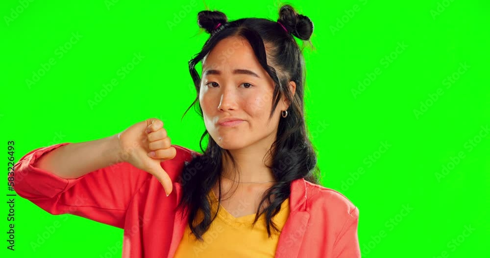 Thumbs down, woman and sad studio face of wrong sign, no feedback and ...