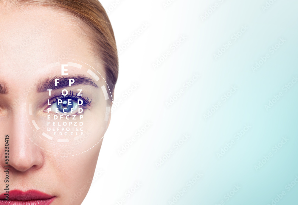 Woman eye and eye chart in scanning circle closeup. Stock Photo | Adobe ...