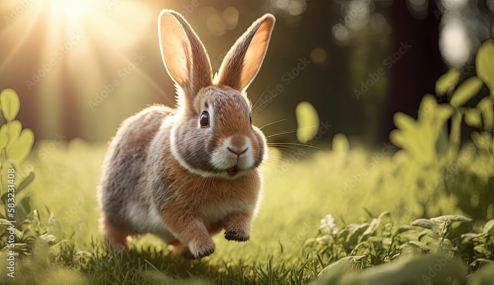 Cute little rabbits running on grass field yard in the morning with ...