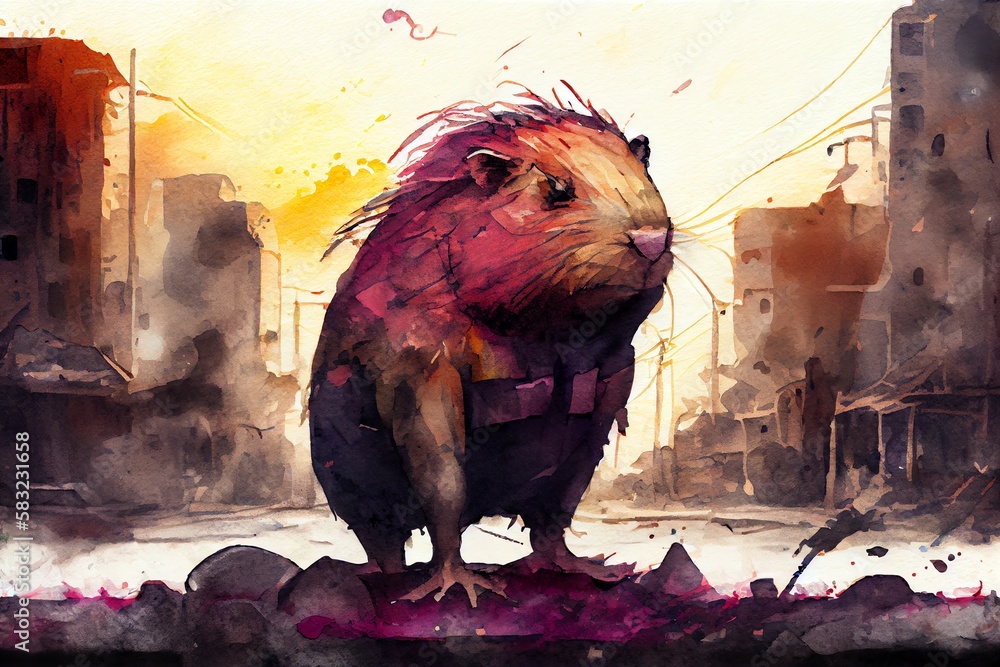 Watercolor Illustration of a Giant Guinea Pig Monster Covered In Blood ...