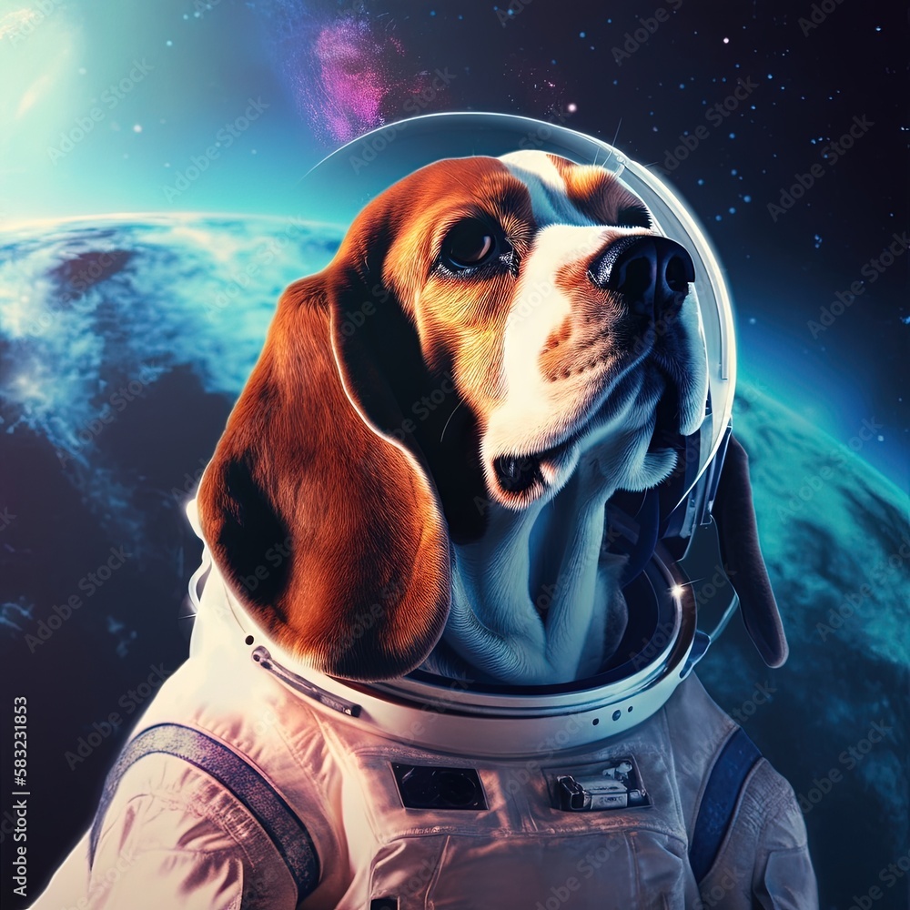 Un chien beagle en tant qu'astronaute dans une combinaison spatiale ...