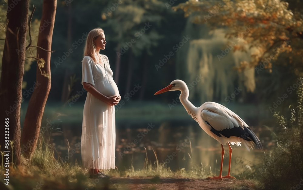 Pregnant woman standing in front of a stork. Symbol of maternity and ...