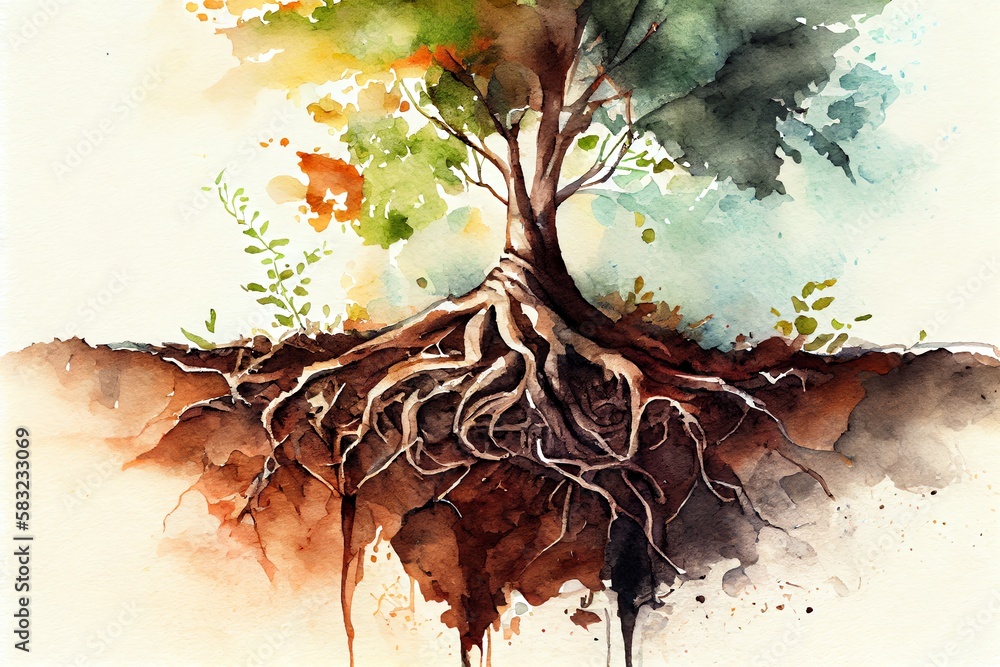 Watercolor Illustration of a Tree Roots In Soil Close Up, Underground ...