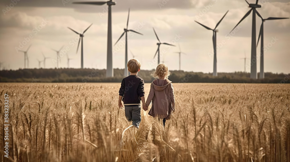Little girl and boy are walking in front of windmills. Renewable energy ...
