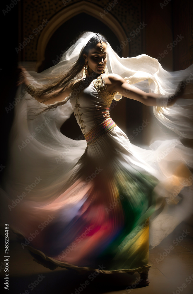 Generative AI illustration of young Arab dancer dancing the belly dance ...