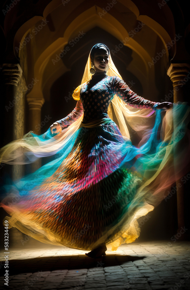 Generative AI illustration of young Arab dancer dancing the belly dance ...