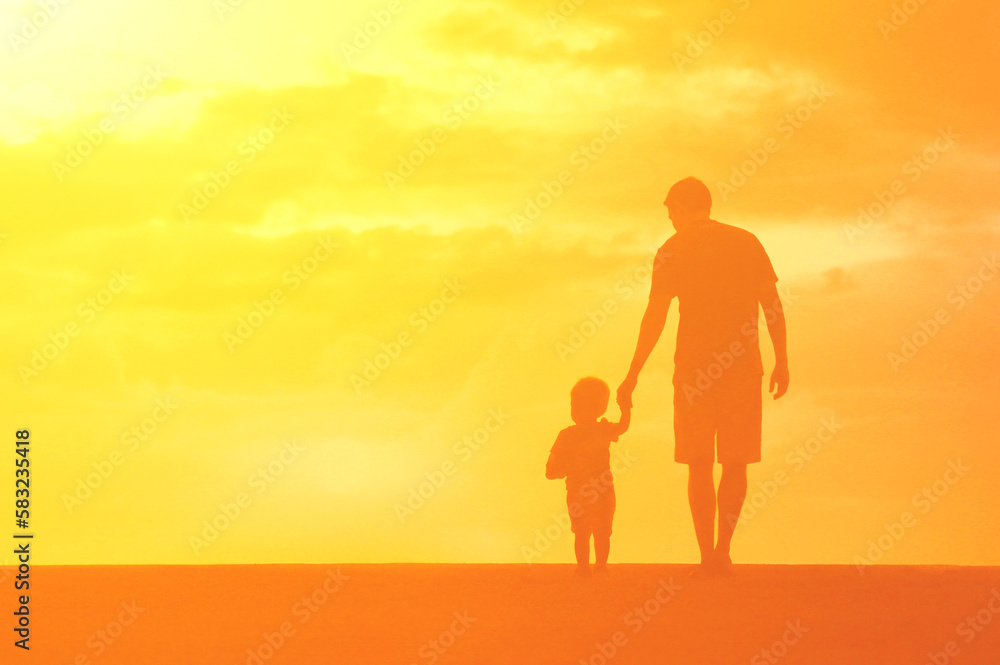 Father son holding hands walking together. Parenting, and child care ...