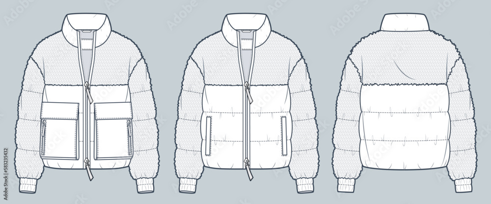Down Jacket with fur trim technical fashion Illustration. Fur Jacket ...