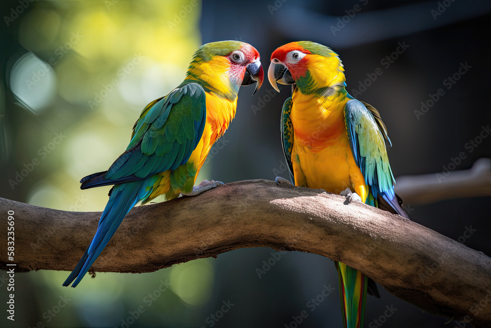 Two radiant birds sit on a tree branch, their beaks wide open, as they ...