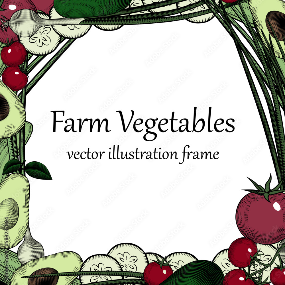 Frame with vegetables. Template for a vegetarian restaurant. Vintage ...