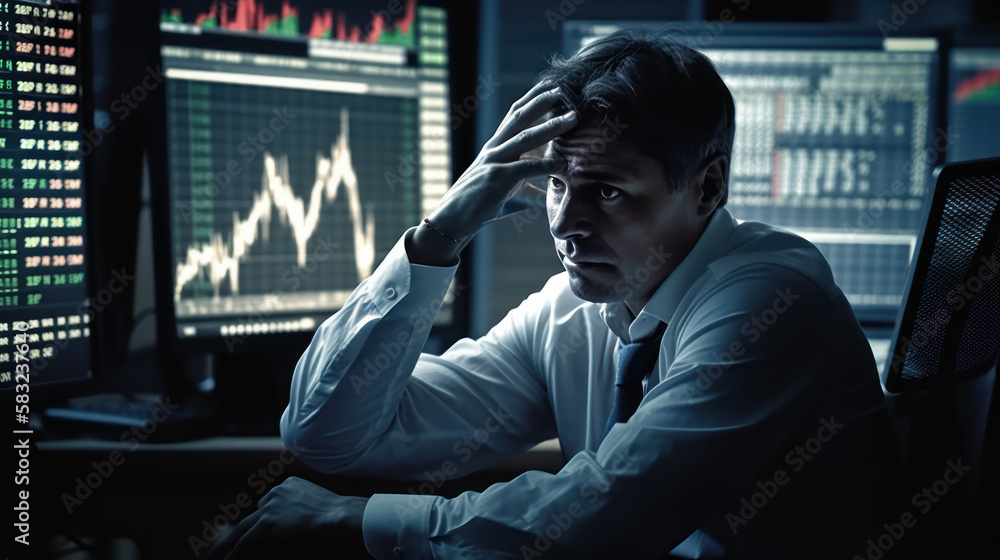 Businessman panics over falling stock market quotes, inflation and ...