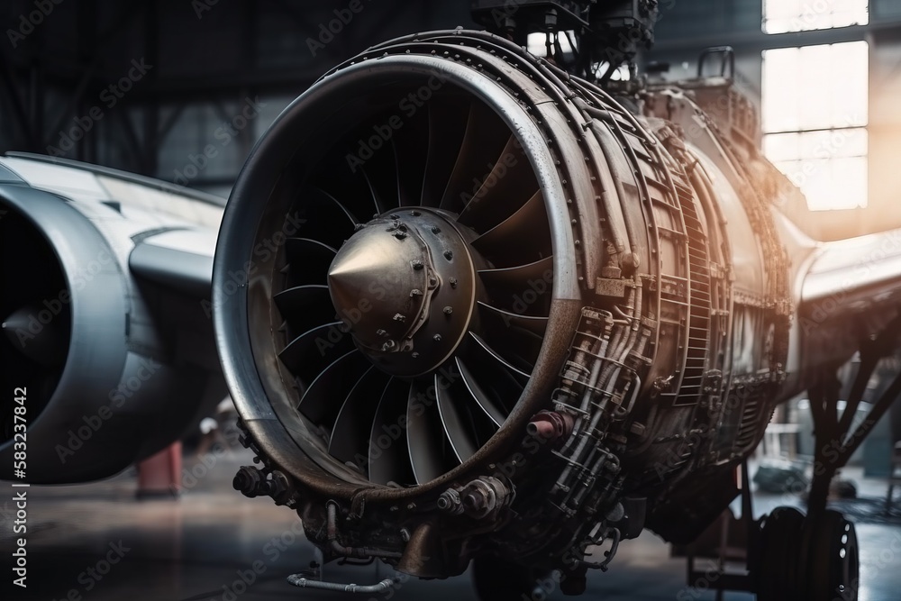 a large jet engine sitting inside of an airport hangar with a bright ...
