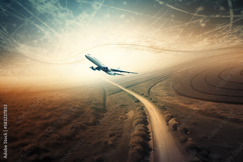 an airplane flying over a dirt road in the sky with a spiral pattern on ...