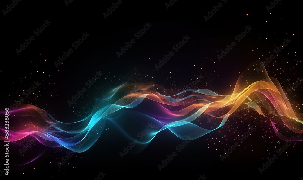 a colorful wave of light on a black background with stars and sparkles ...